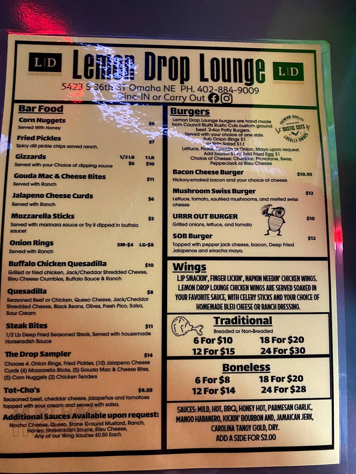 Menu at Lemon Drop Lounge pub & bar, Omaha