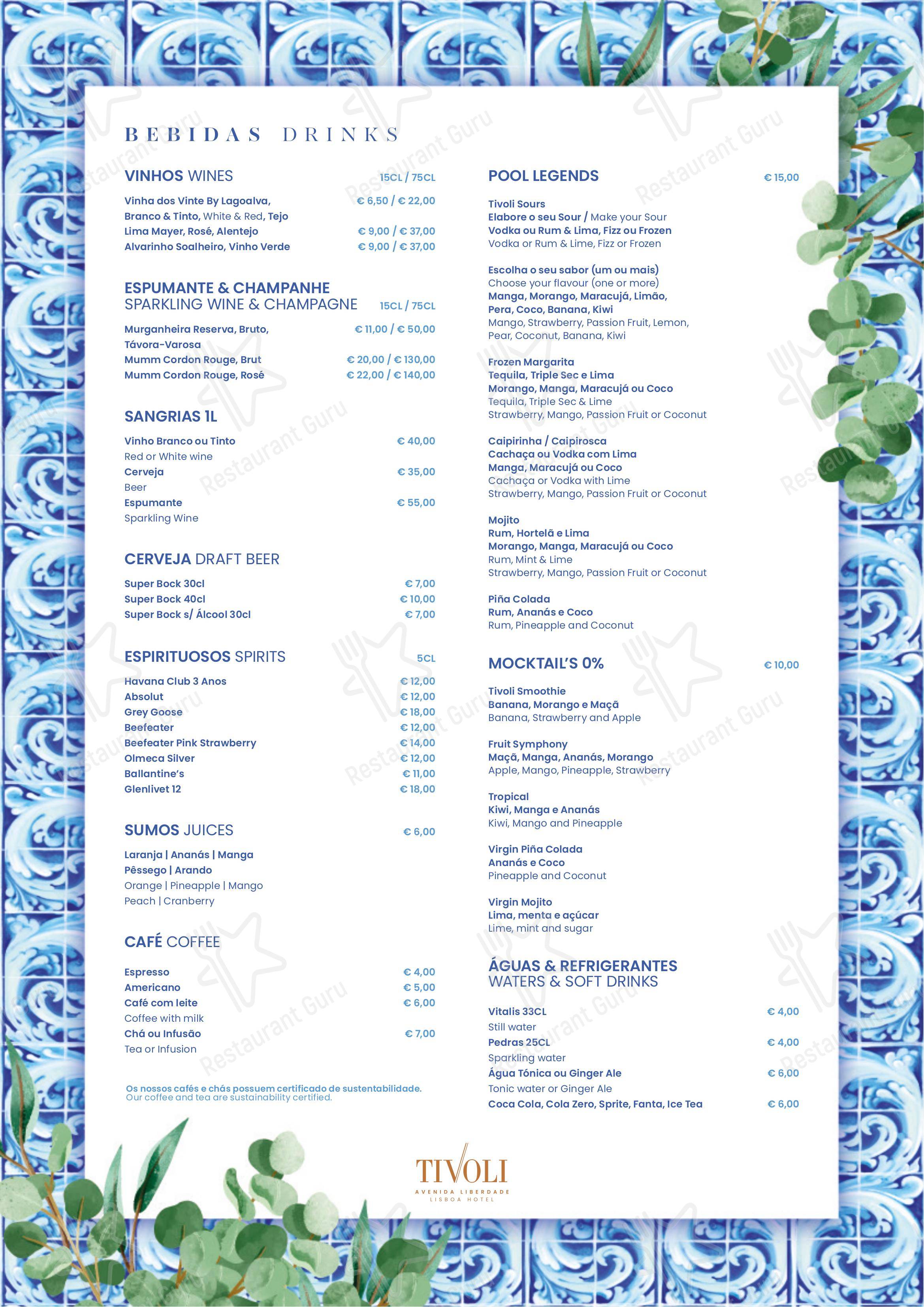 Menu at Lobby Bar, Lisbon, Avenida da Liberdade 185