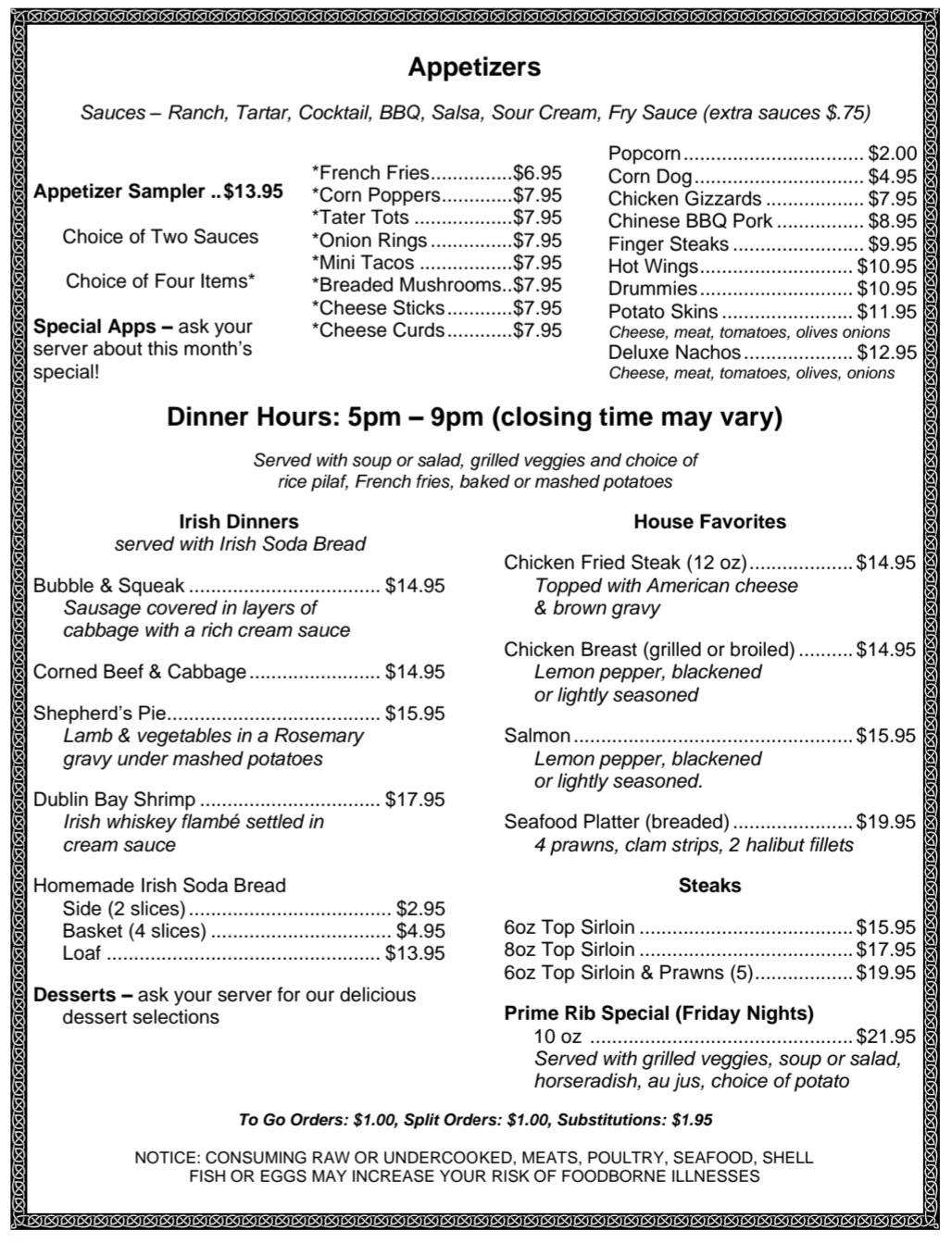 Menu at McGuire's Irish Restaurant And Pub, Yakima