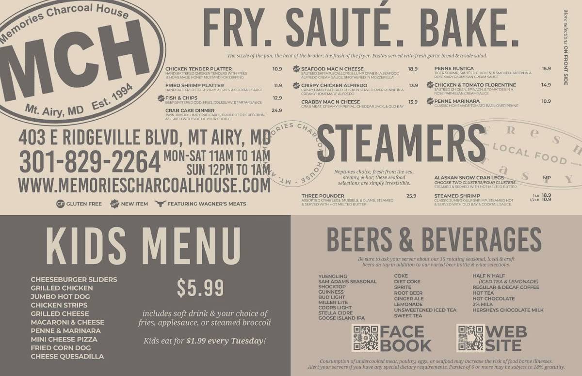 Menu at Memories Charcoal House pub & bar, Mount Airy, 403 E Ridgeville ...