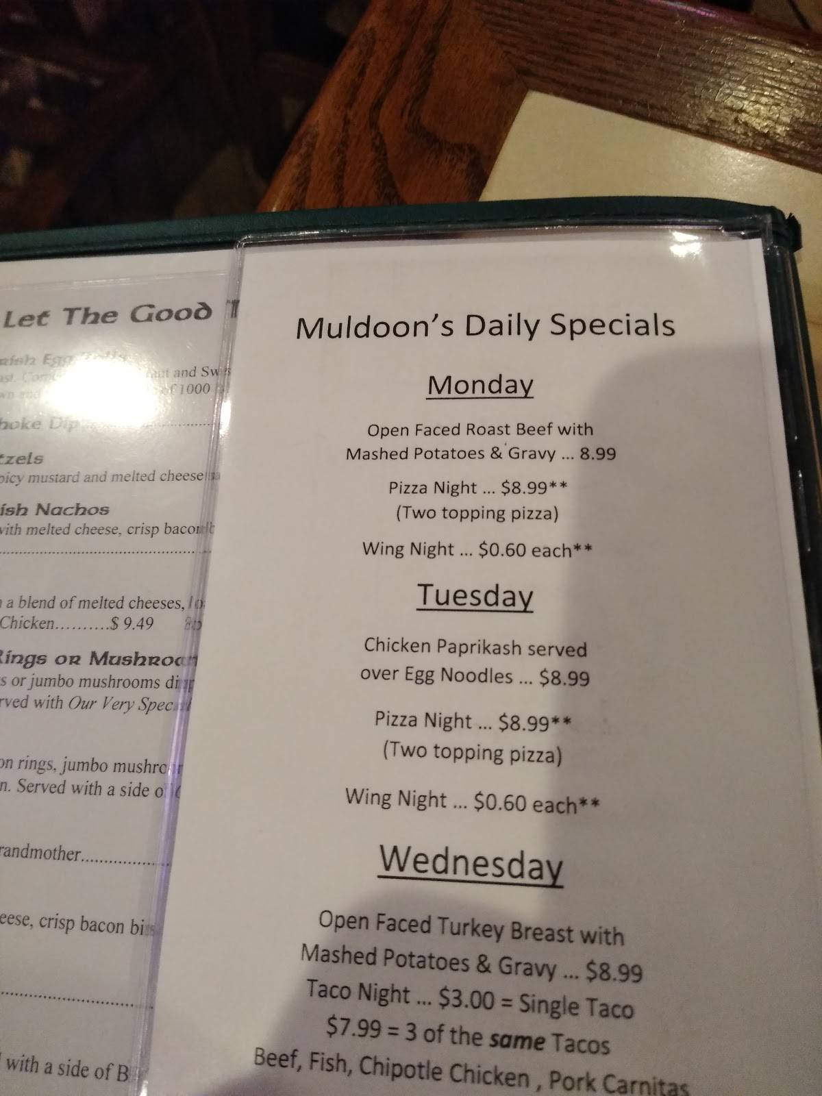 Menu at Muldoon's Saloon & Eatery pub & bar, Cleveland