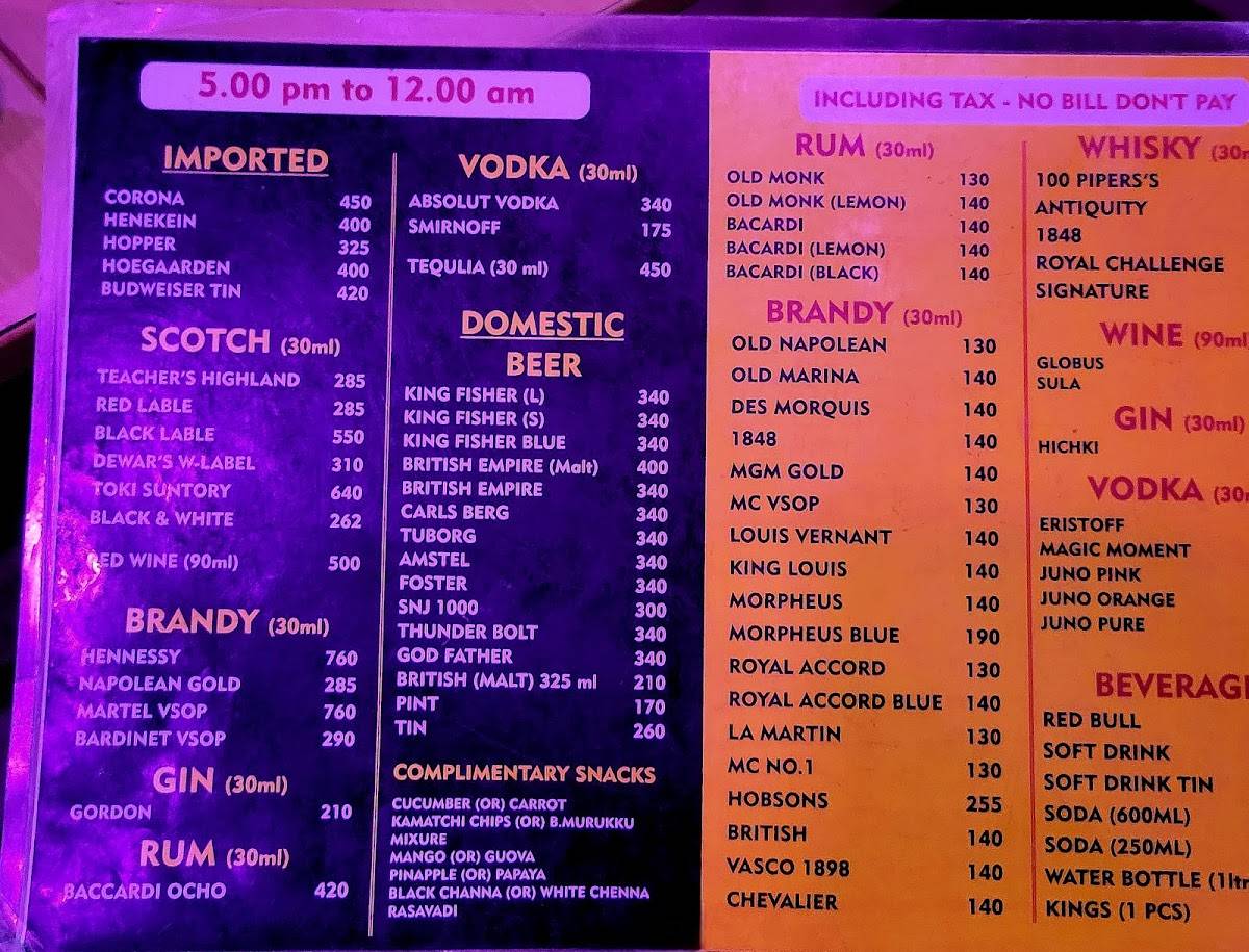 Menu at My Bar, Chennai