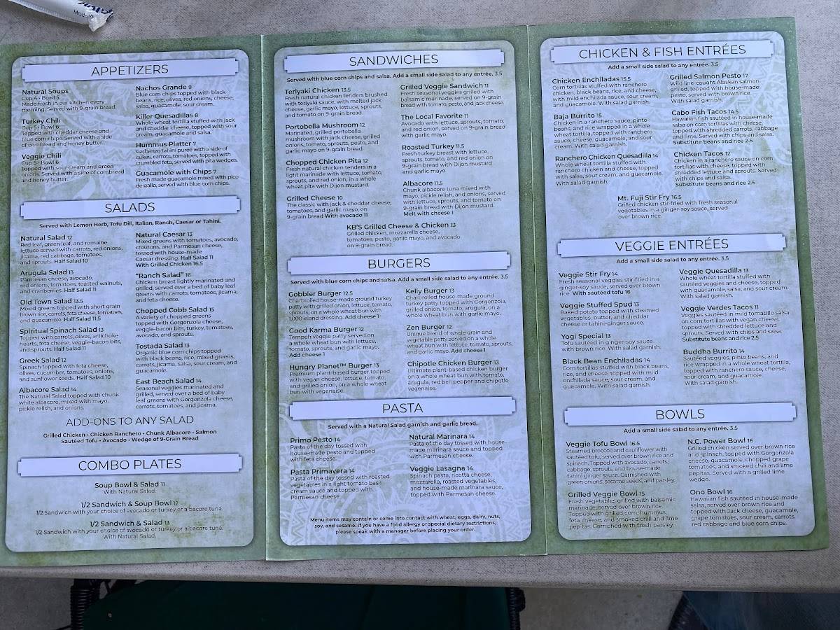 Menu at Natural Cafe, Santa Barbara, 361 Hitchcock Way