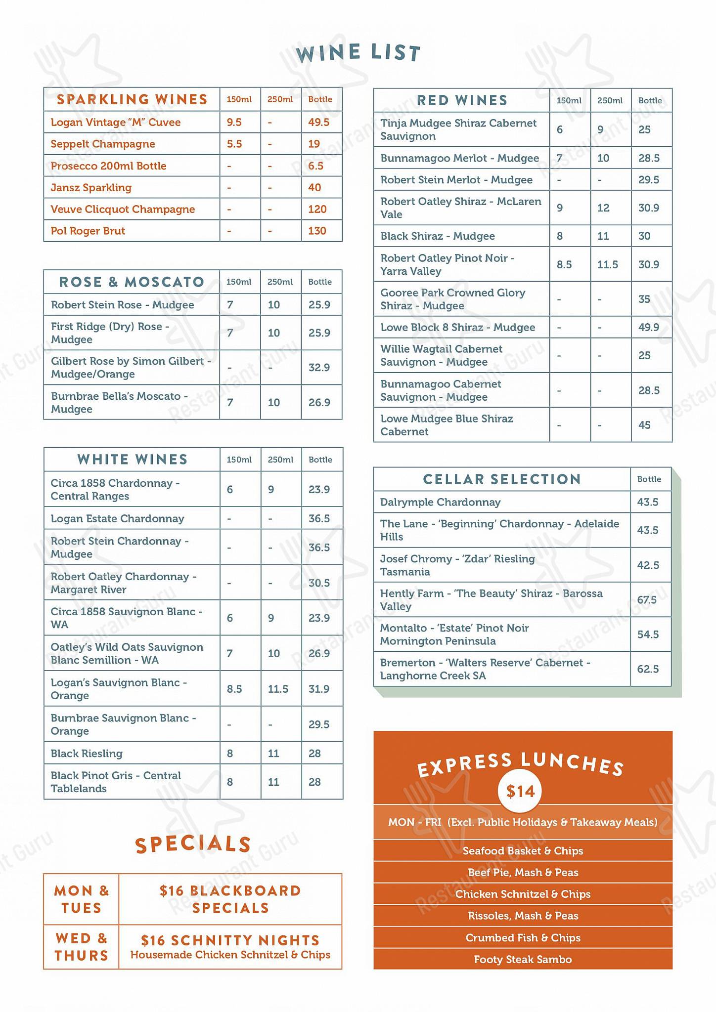 Menu at Oriental Hotel Mudgee pub & bar, Mudgee