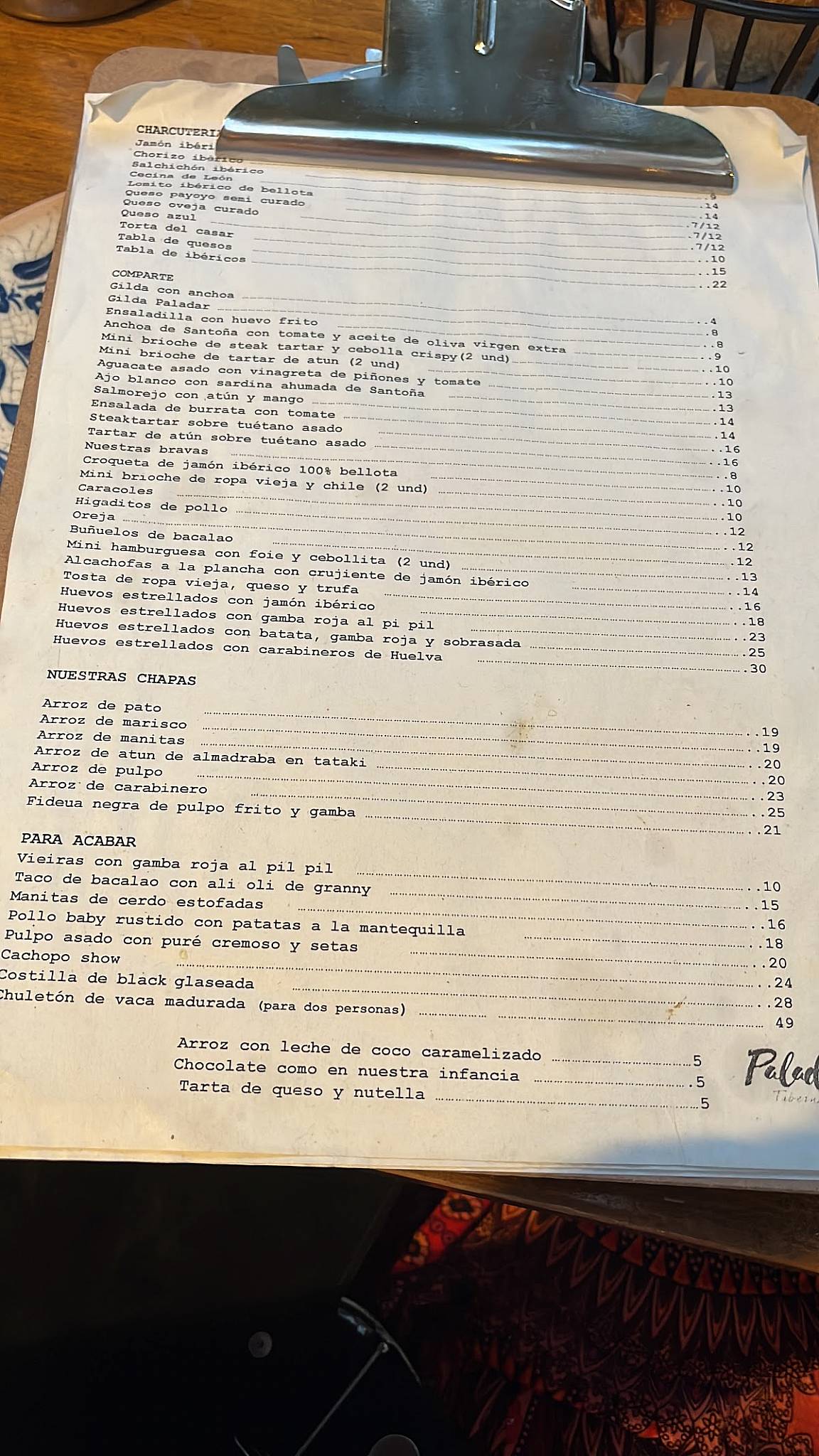 Carta del pub y bar Paladar taberna, Marbella