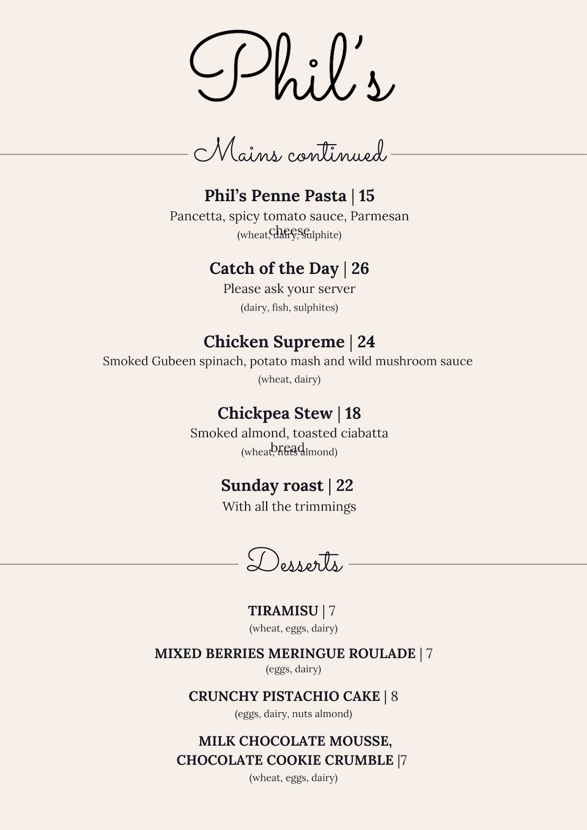 Menu at Phil Healy's Pub, Wicklow, Fitzwilliam Square