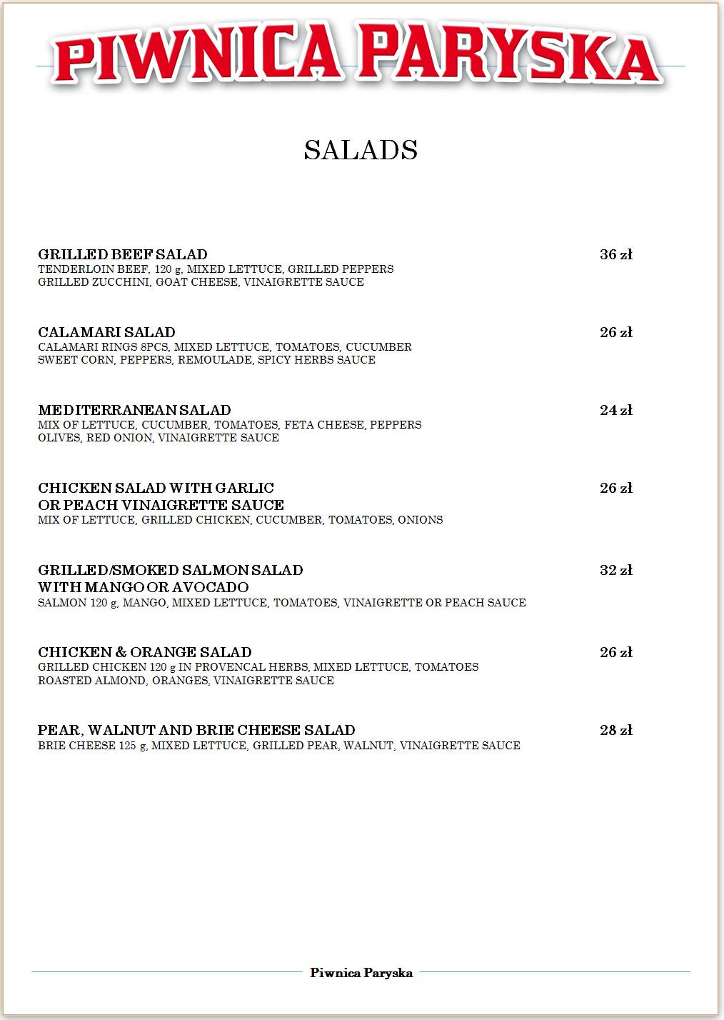 Menu at Piwnica Paryska pub & bar, Boleslawiec