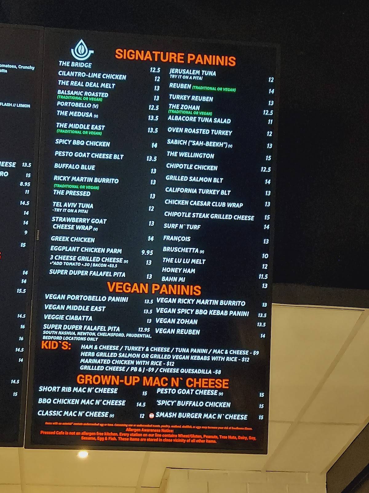 Menu at Pressed Cafe, Newton
