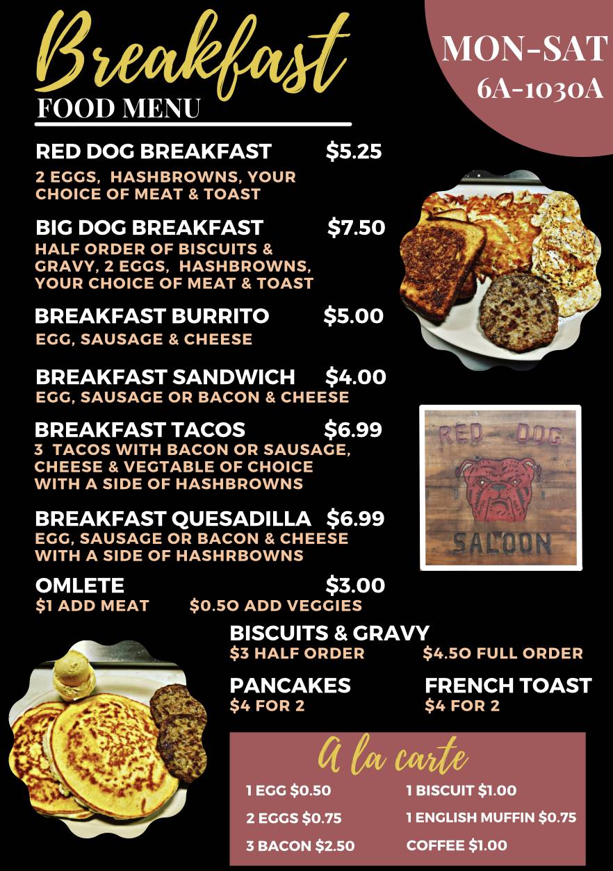 Menu at Red Dog Saloon pub & bar, Kokomo