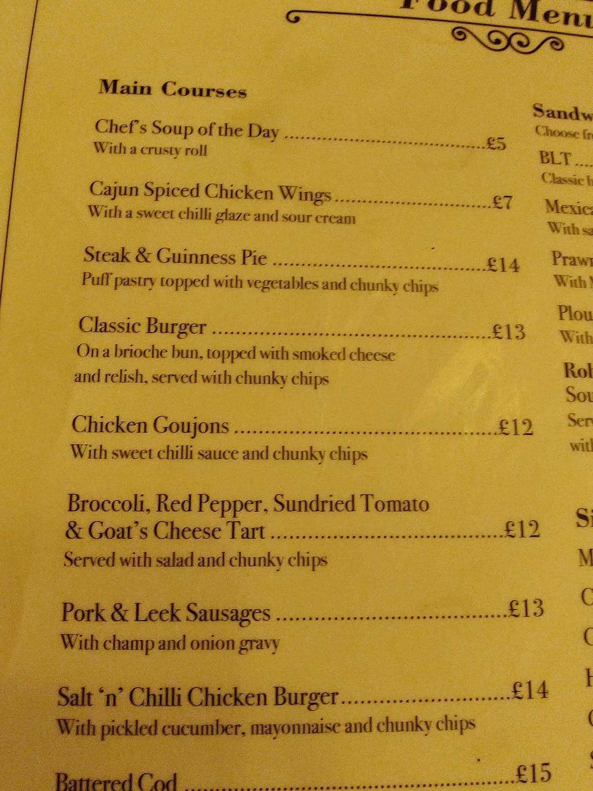 Menu at Robinsons Bar, Belfast, 38-40 Great Victoria St