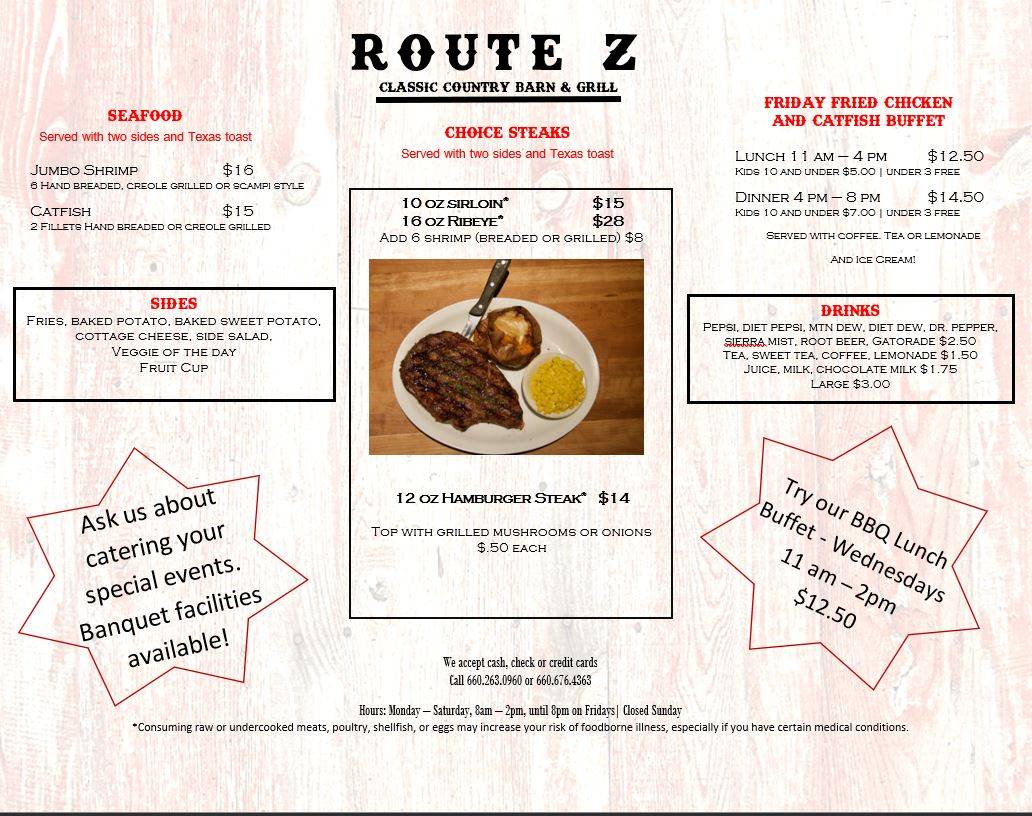 Menu at Route Z Classic Country Barn & Grill Cairo MO, Moberly
