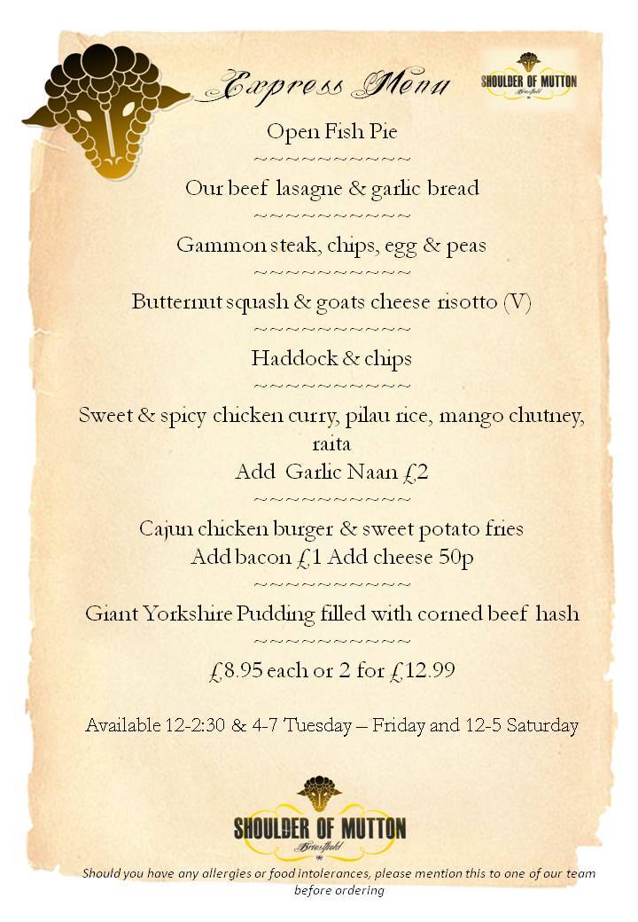Menu at Shoulder of Mutton Briestfield pub & bar, Dewsbury