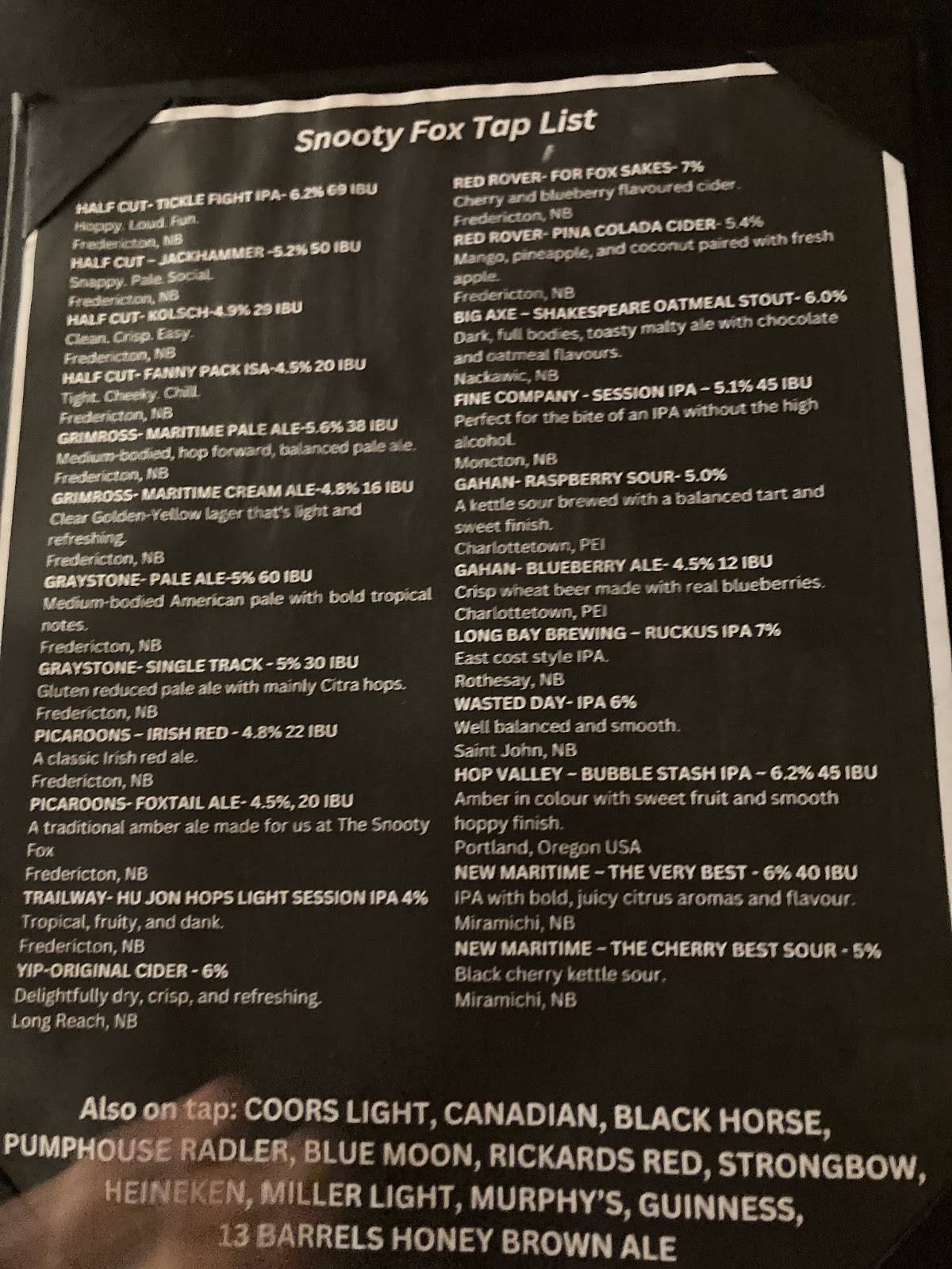 Menu at Snooty Fox pub & bar, Fredericton