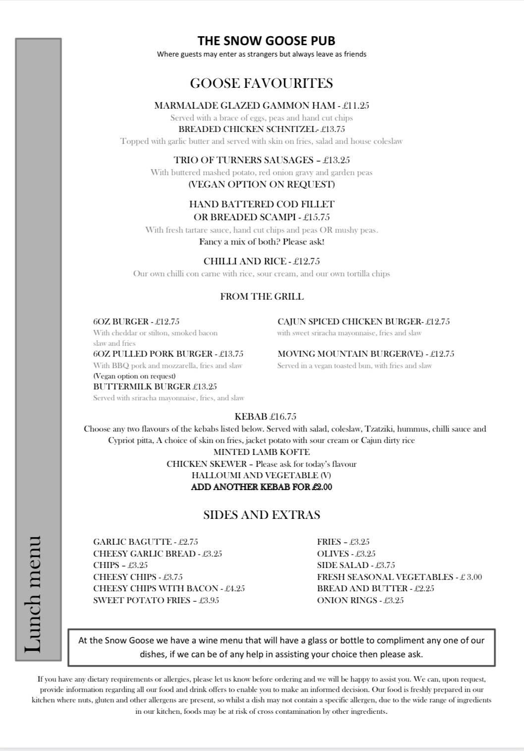 Menu at The Snow Goose pub & bar, Farnborough