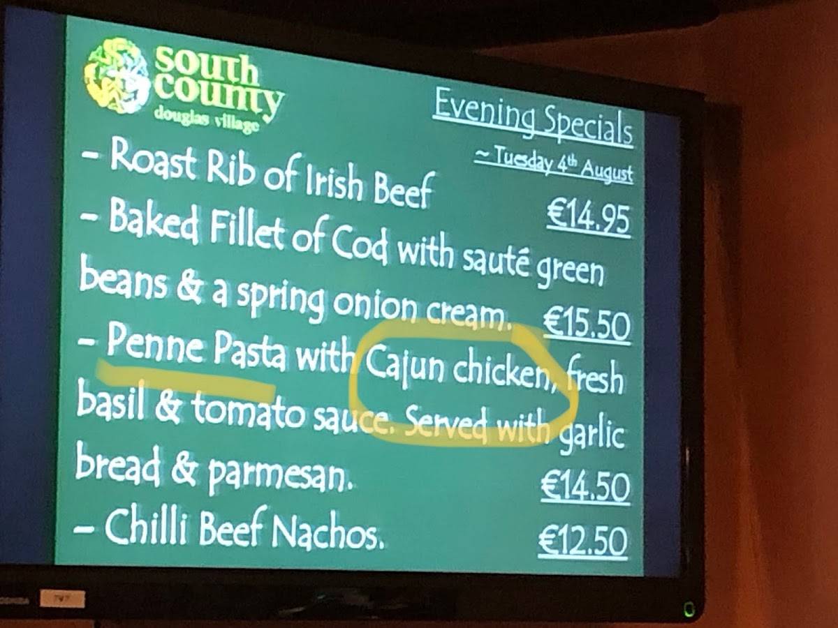 Menu at South County pub & bar, Cork, W Douglas St