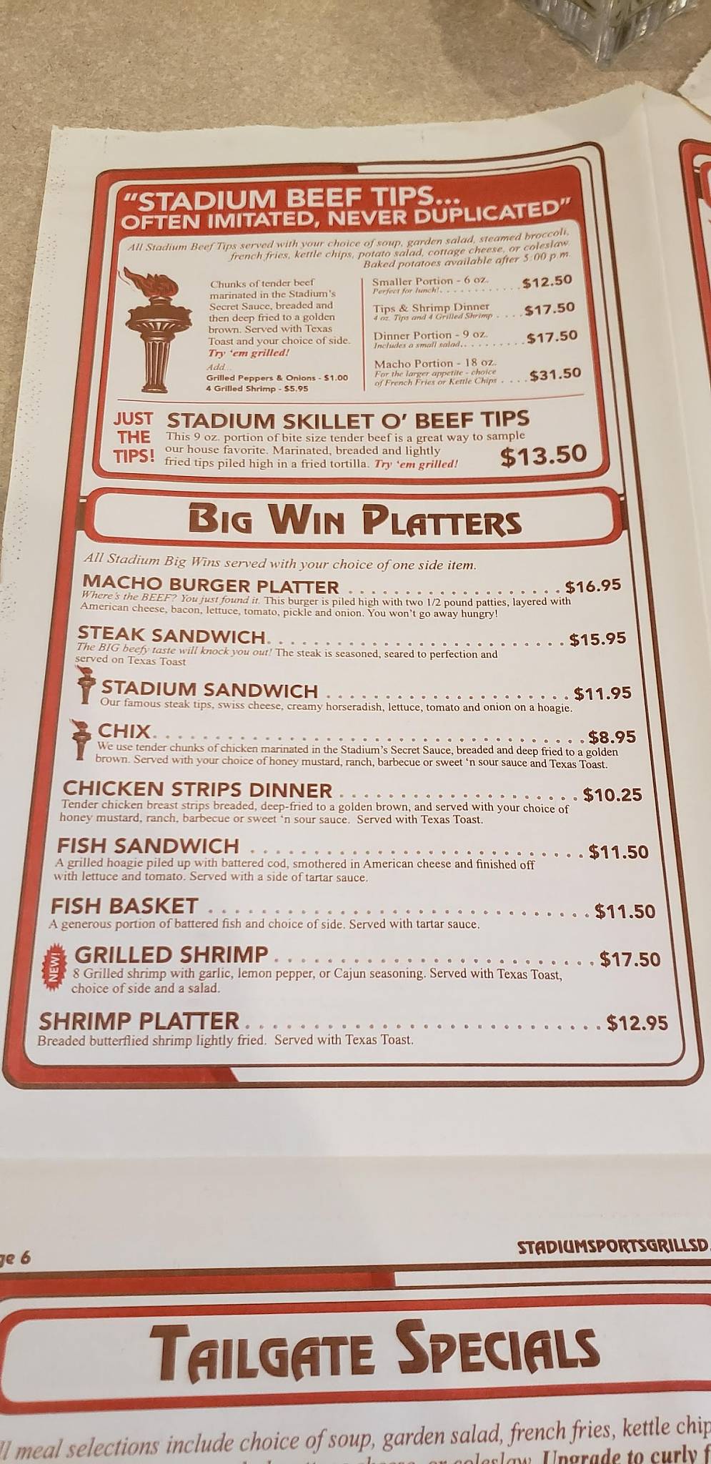 Menu at Stadium Sports Grill pub & bar, Belle Fourche