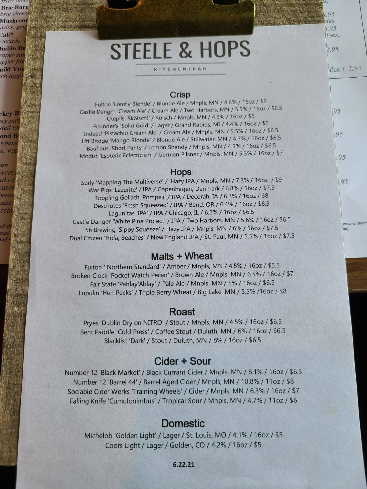 Menu at Steele & Hops pub & bar, Saint Anthony