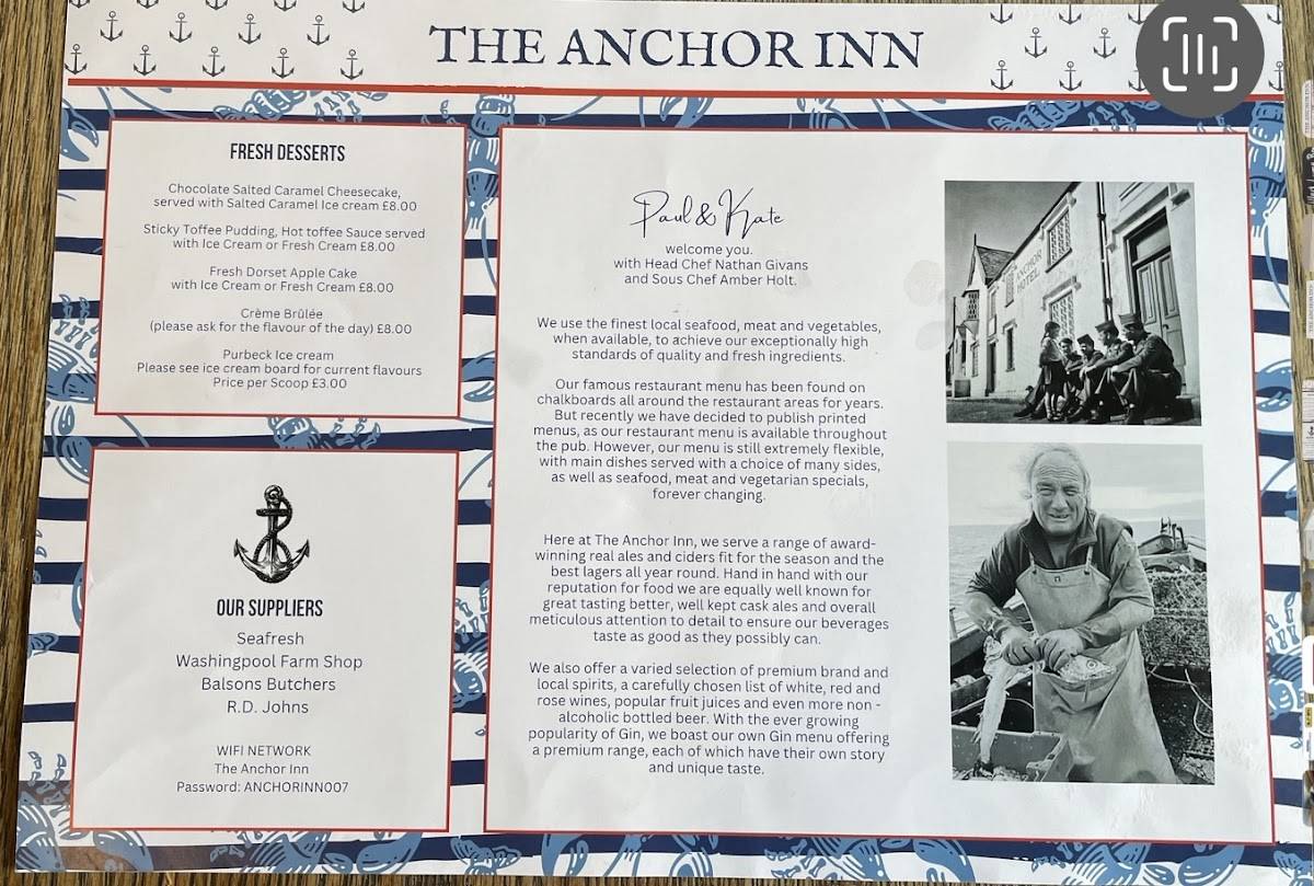 Menu at The Anchor Inn pub & bar, Bridport