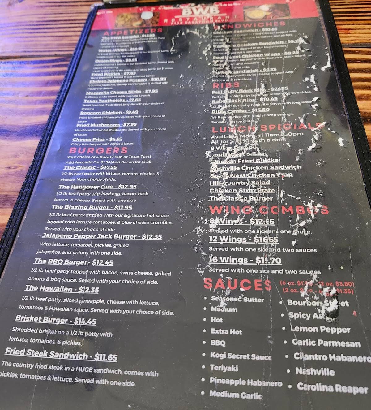 Menu at The BWB Restaurant, Corpus Christi, Saratoga Blvd Suite 222