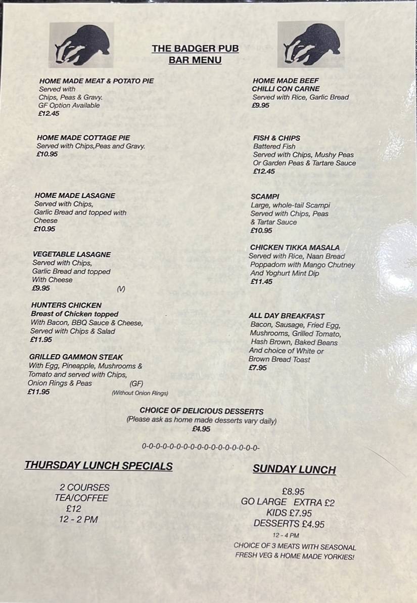 Menu at The Badger pub & bar, Chesterfield, The Badger