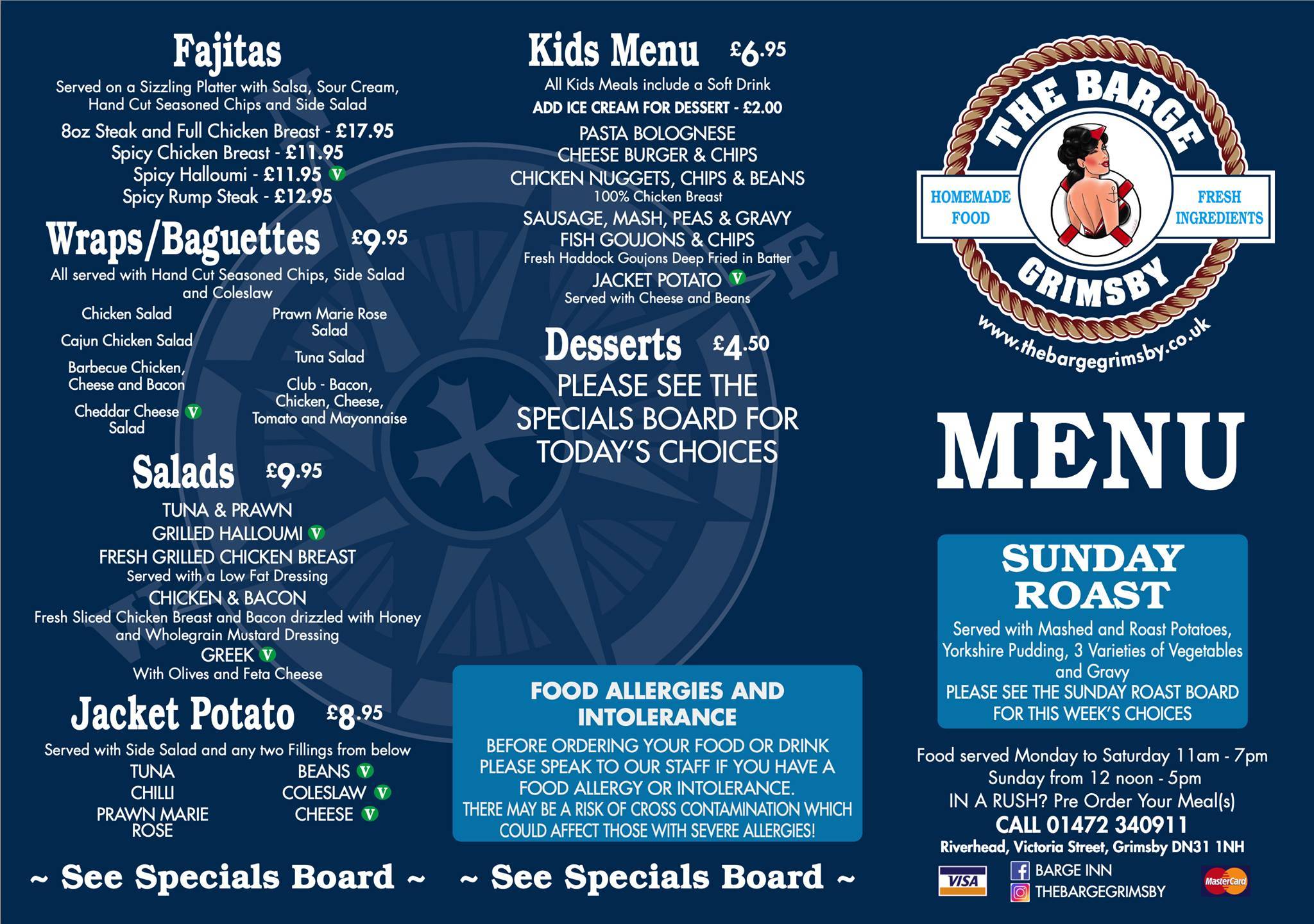 Menu at The Barge, Grimsby