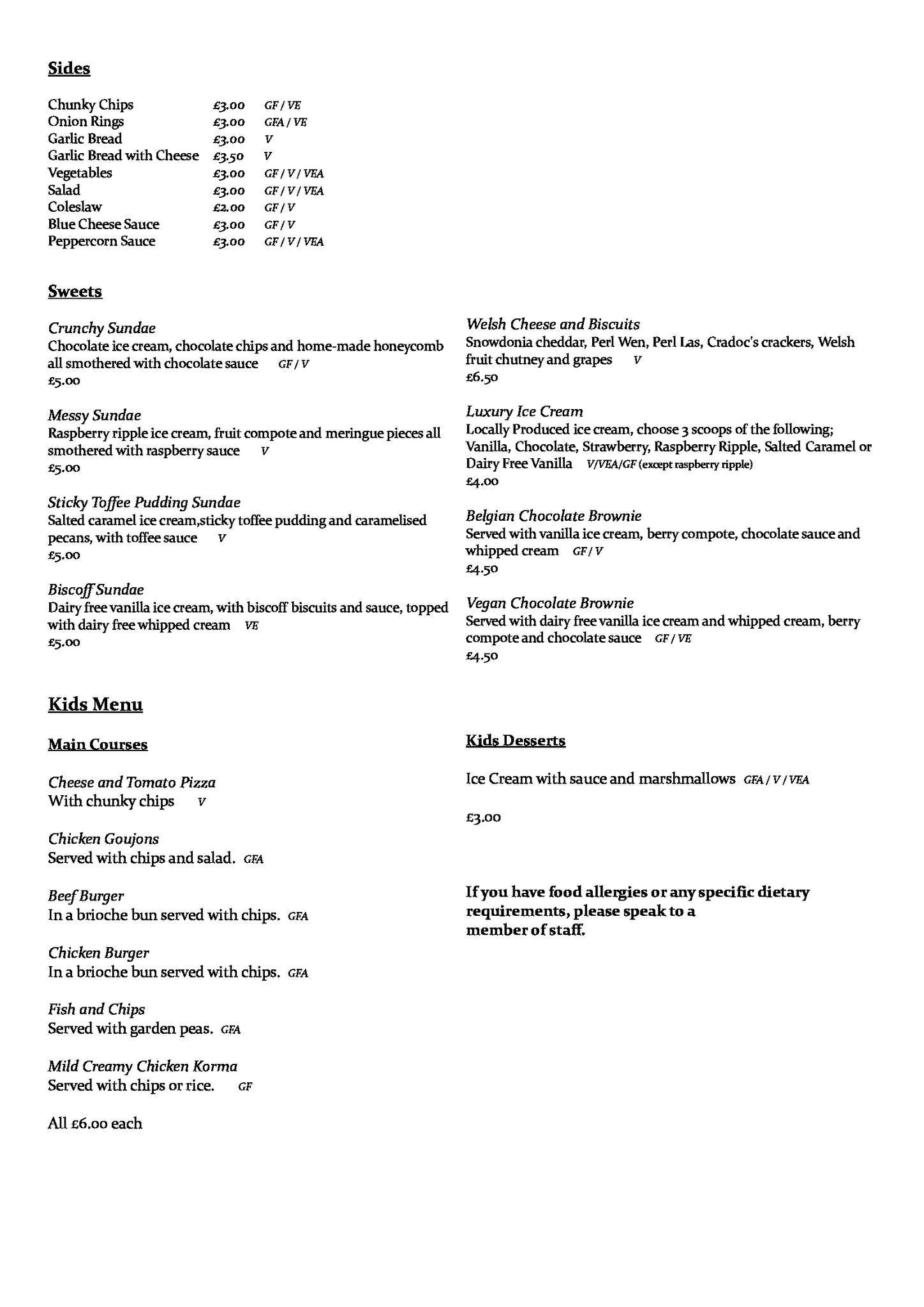 Menu at The Benllech pub & bar, Benllech