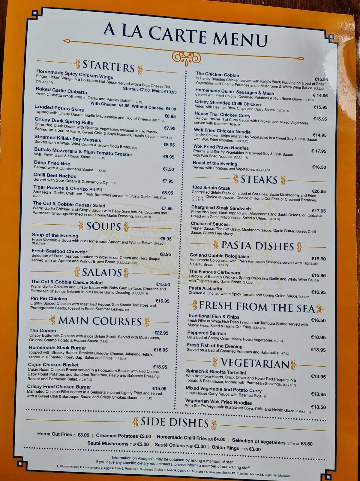 Menu at The Cot and Cobble pub & bar, Ballina