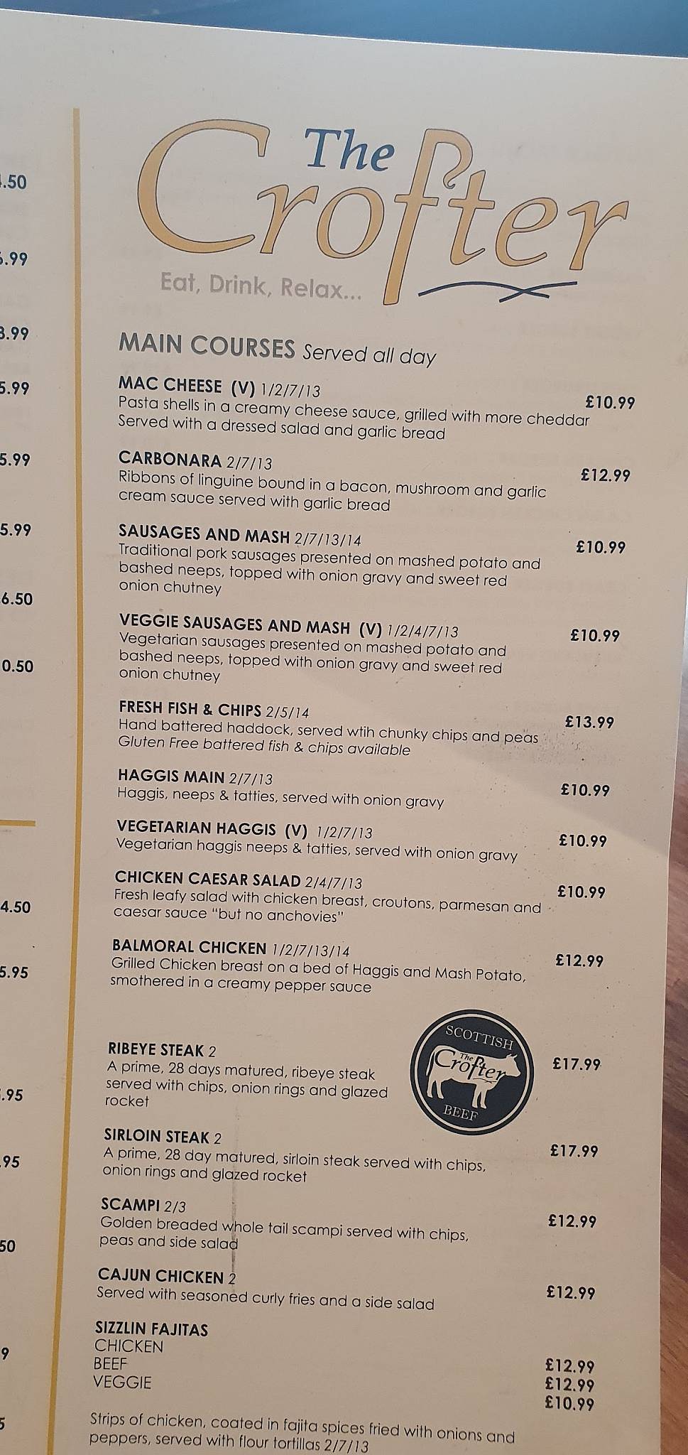 Menu at The Crofter Bar and Restaurant, Fort William