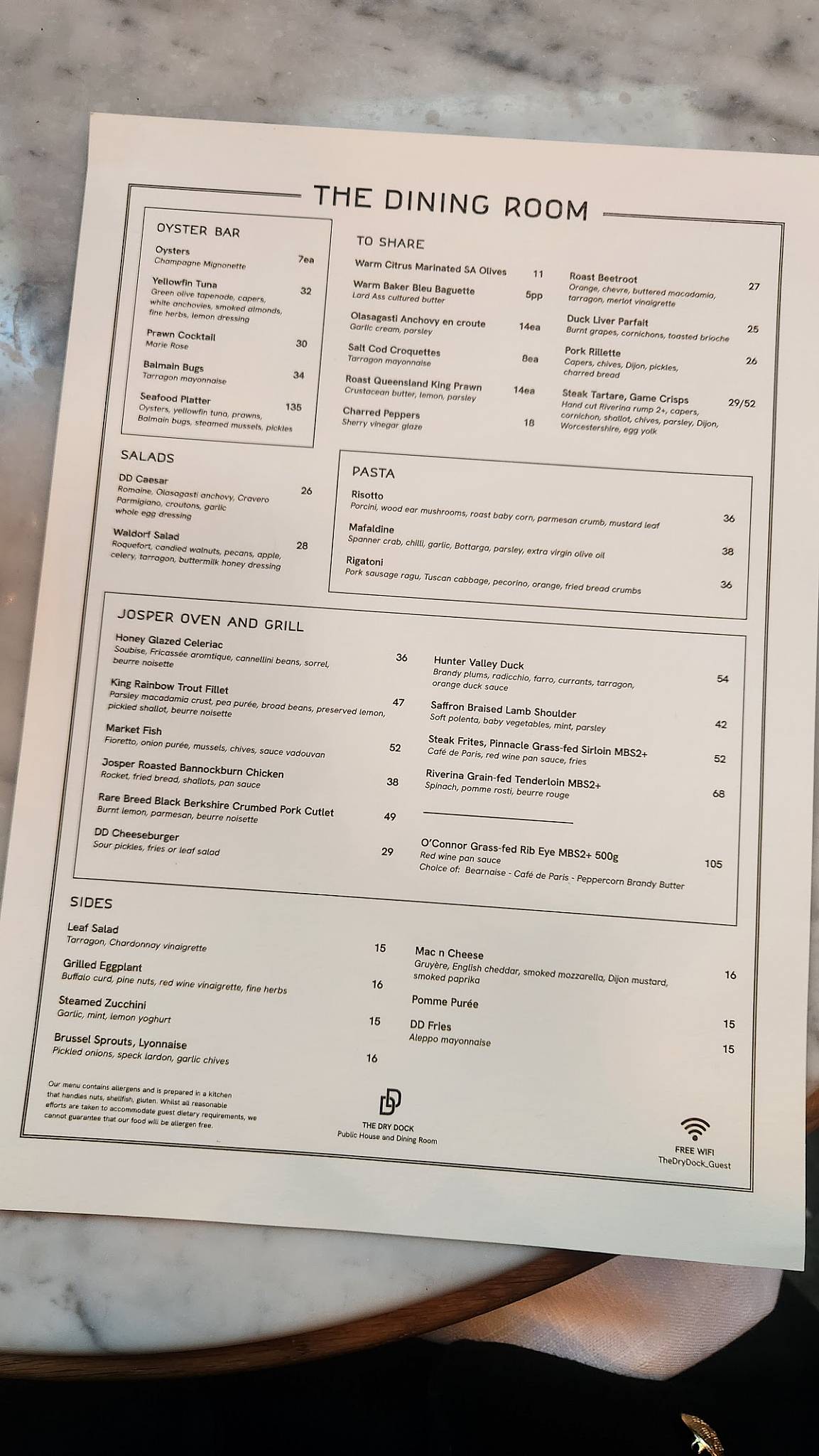 Menu at The Dry Dock Public House and Dining Room, Balmain