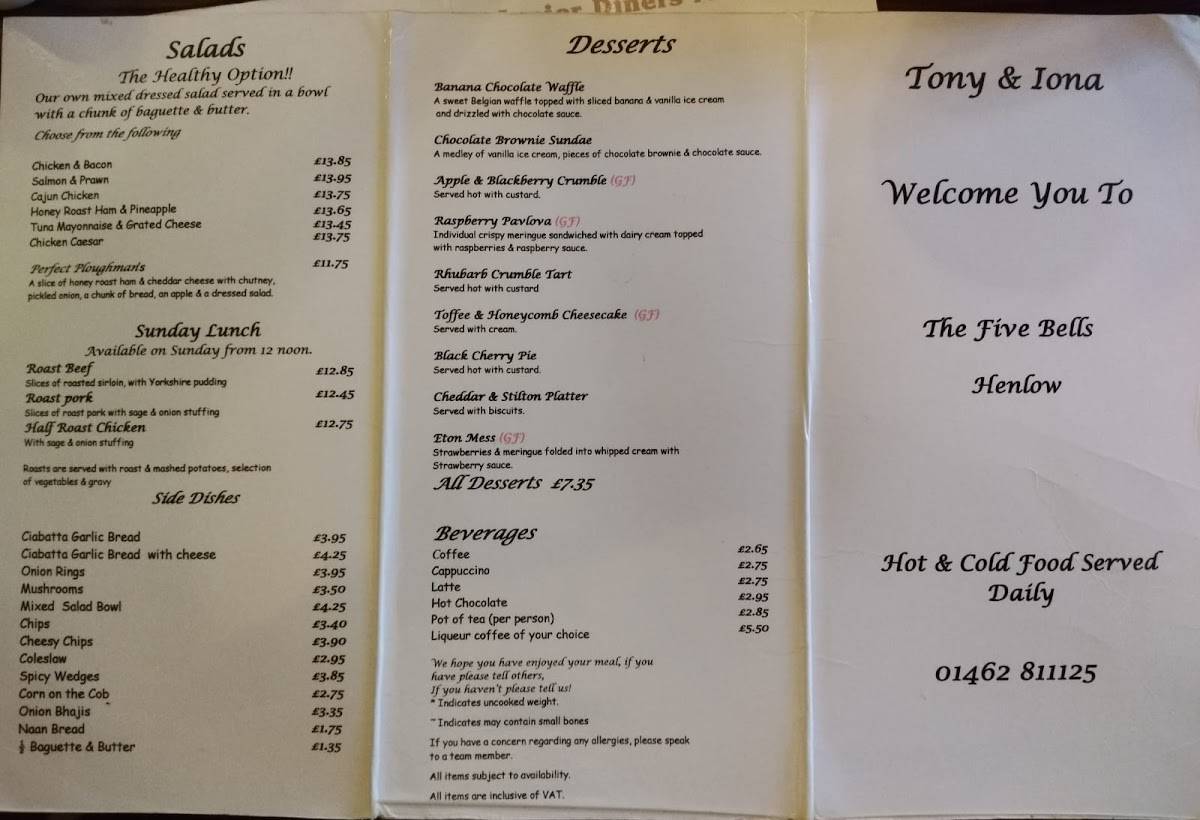 Menu at The Five Bells pub & bar, Henlow
