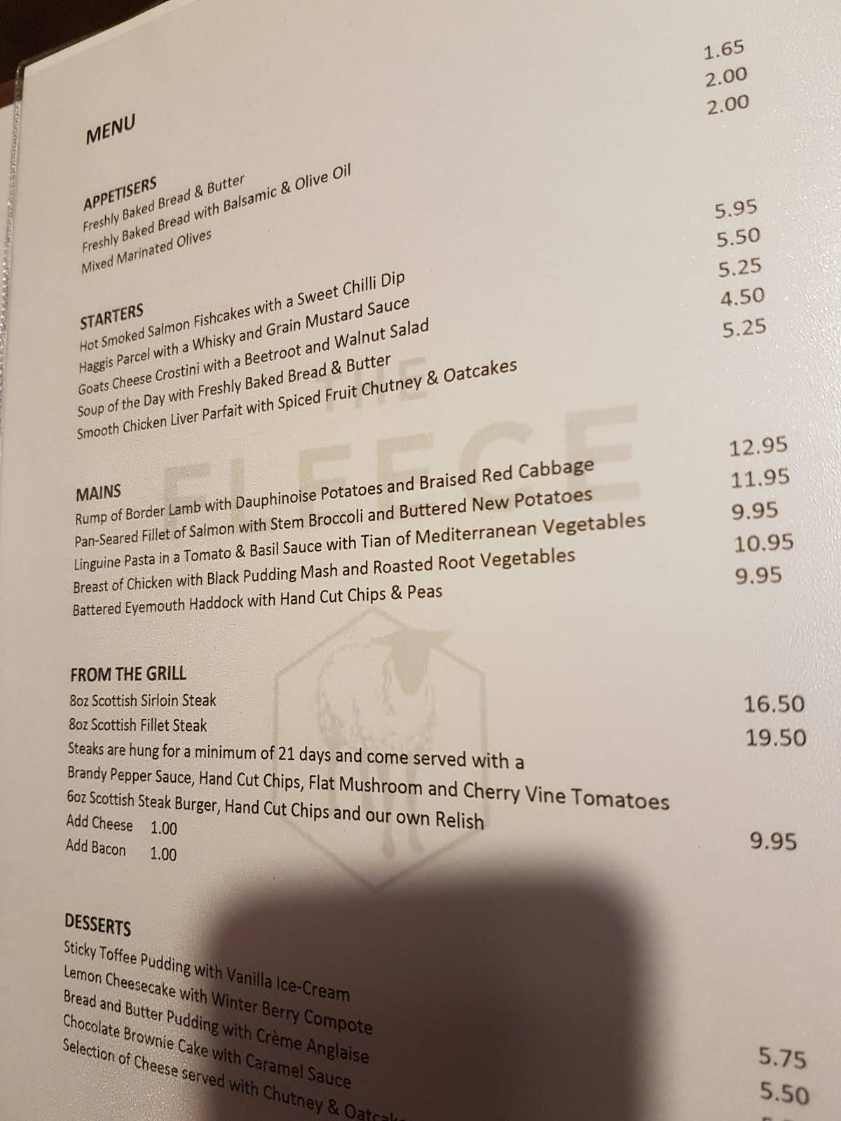 Menu at The Fleece Selkirk Ltd pub & bar, Selkirk