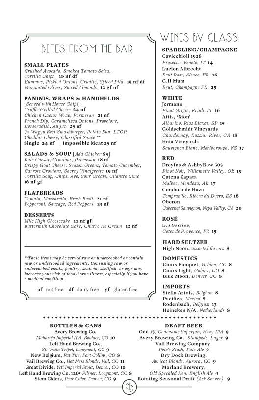 Menu at The Gambit Bar, Vail