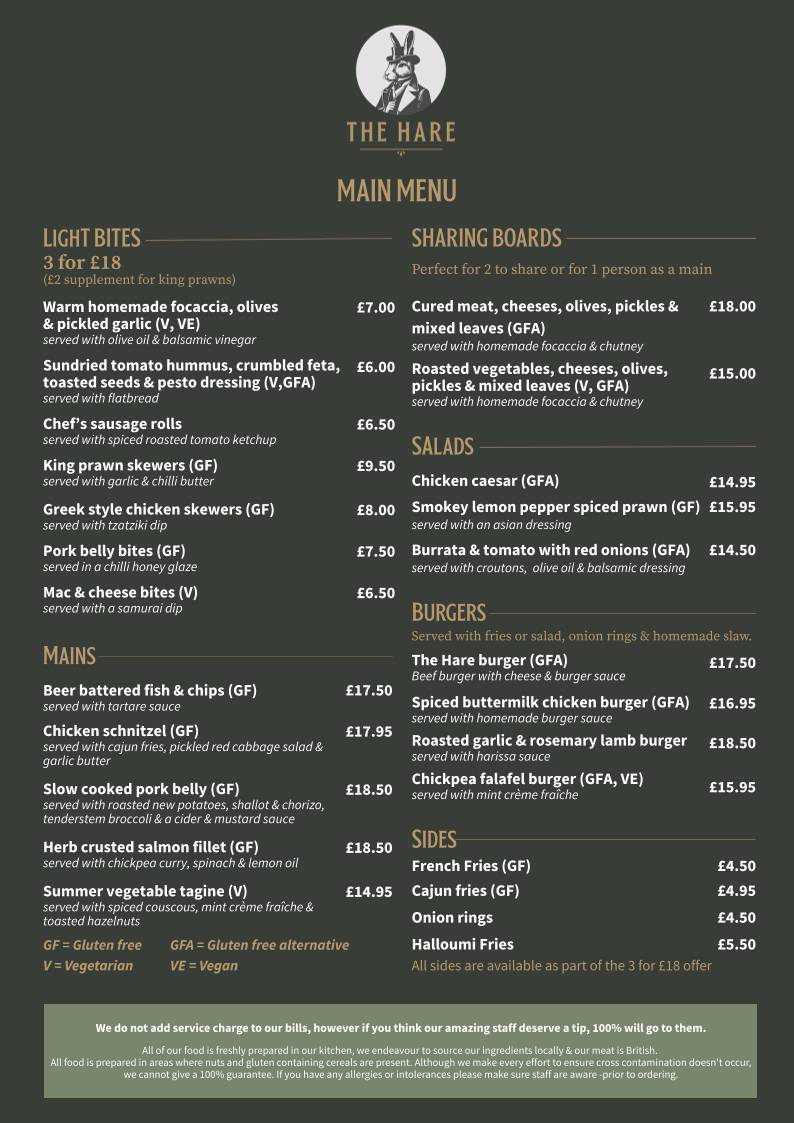 Menu at The Hare pub & bar, Leighton Buzzard