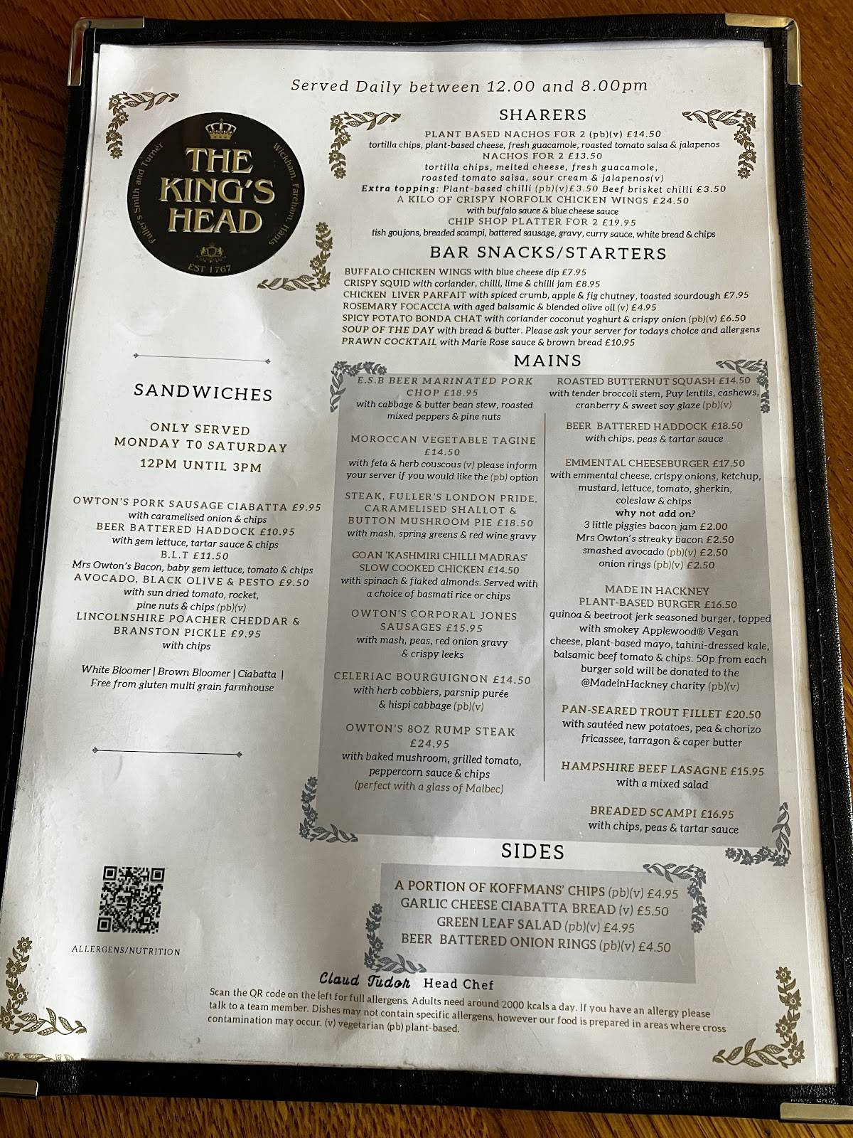 Menu at The King's Head, Wickham pub & bar, Fareham
