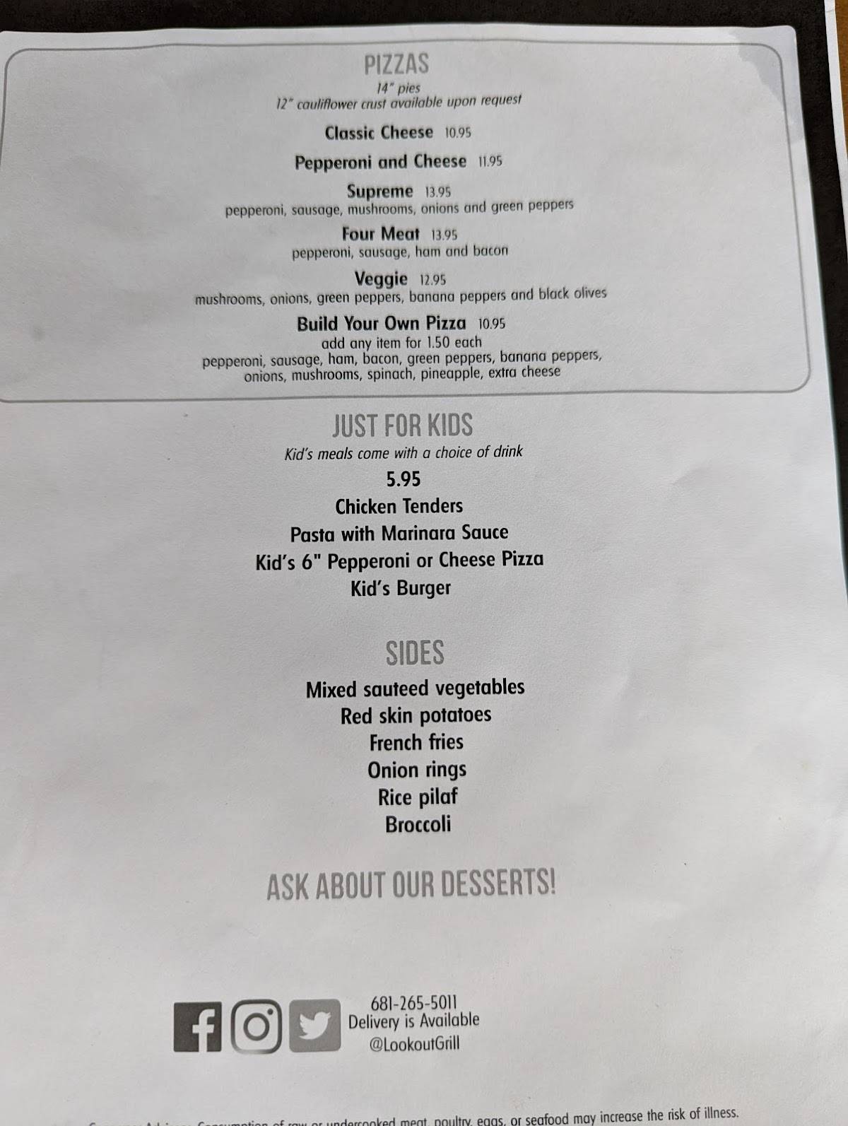 Menu at The Lookout Bar & Grill at Eagle View, Charleston