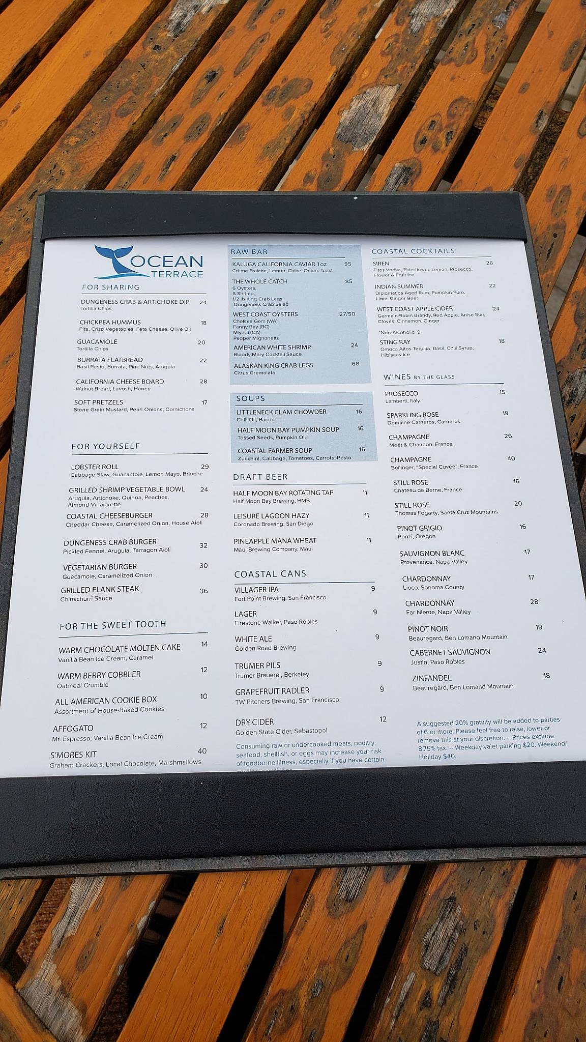 Menu at The Ocean Terrace pub & bar, Half Moon Bay