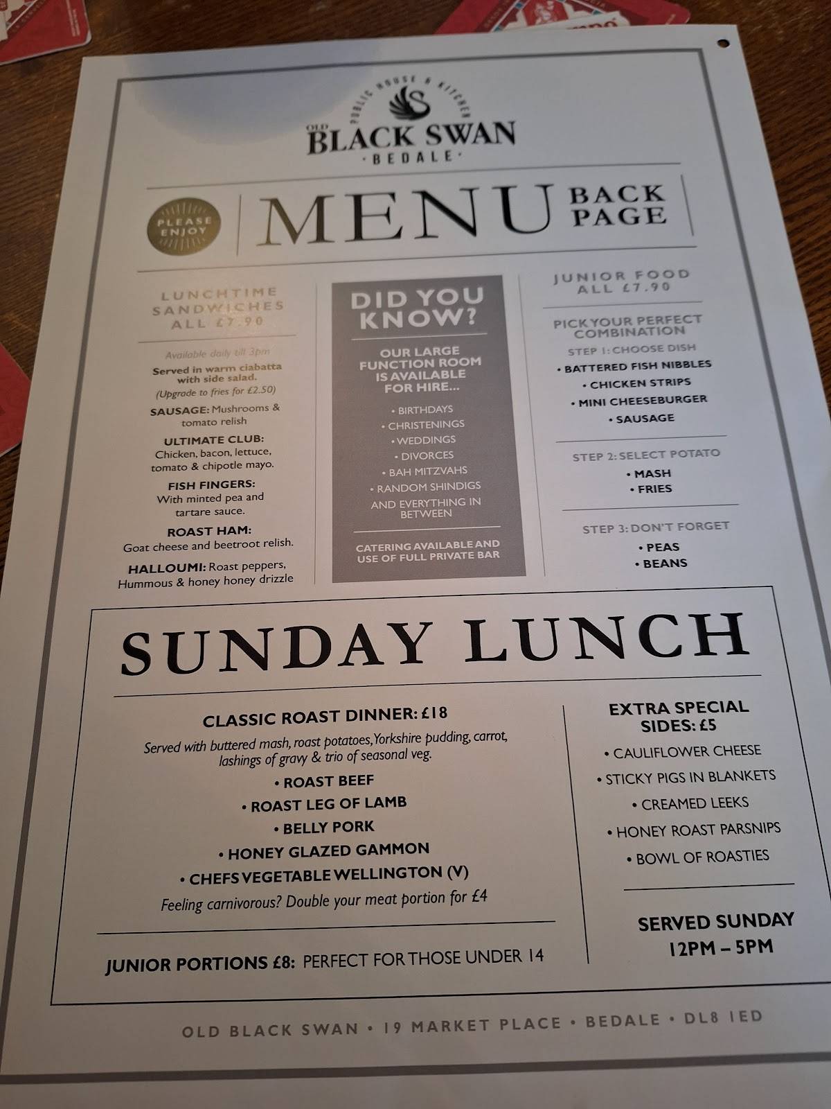 Menu at The Old Black Swan pub & bar, Bedale