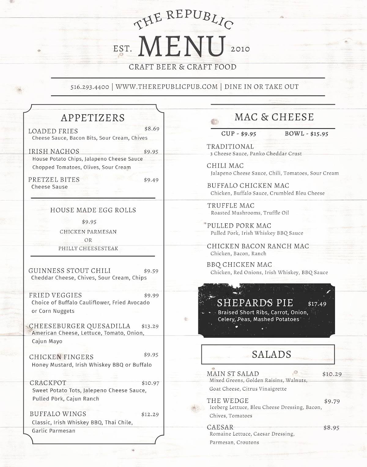 Menu at The Republic, Farmingdale