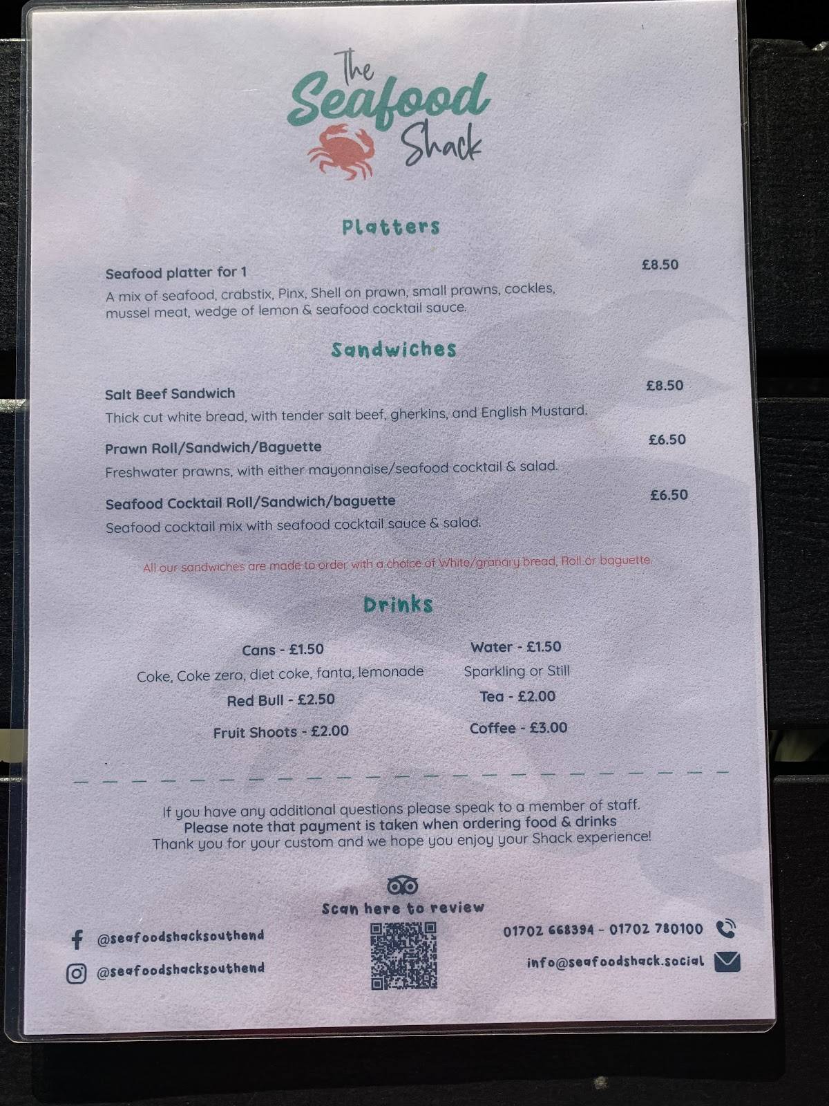 Menu at The Seafood Shack restaurant, Southend-on-Sea, 32-35 Eastern ...