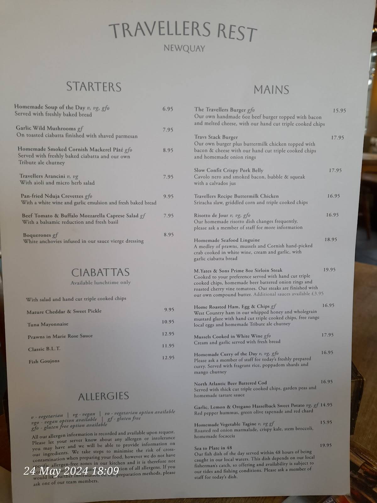 Menu at The Travellers Rest pub & bar, Newquay