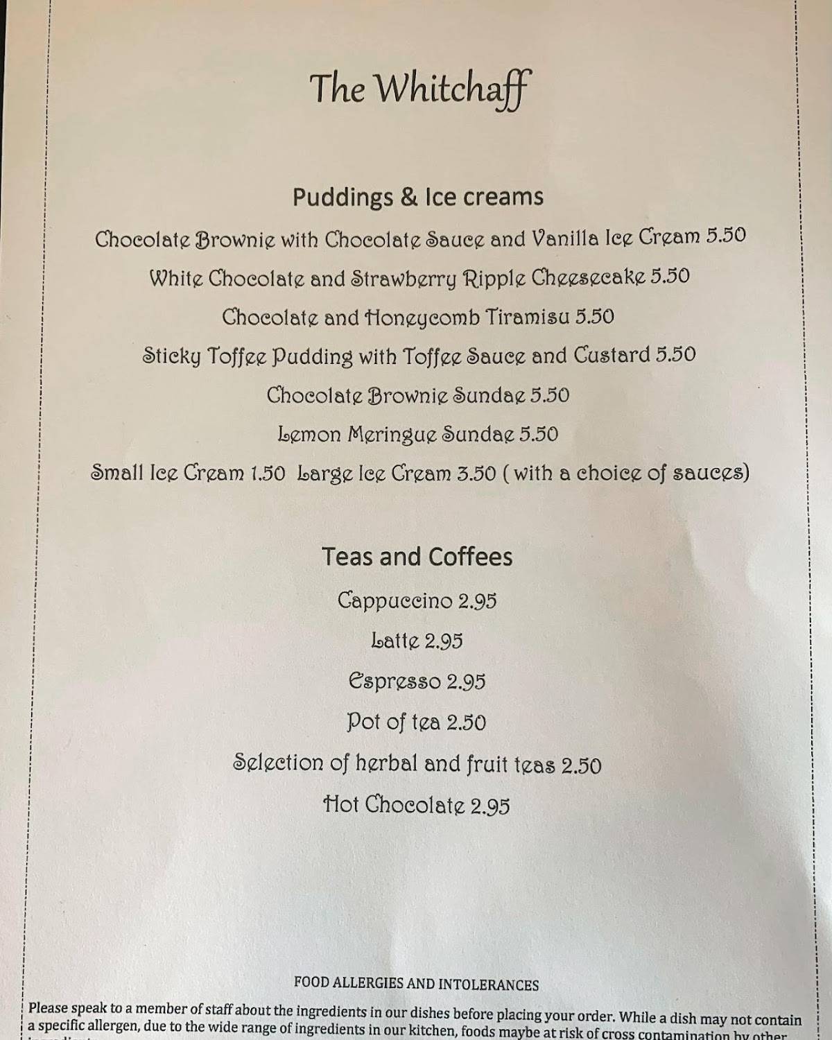 Menu at The Whitchaff Inn pub & bar, Rawtenstall