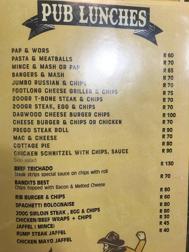 Menu at Top Shots Saloon pub & bar, Boksburg