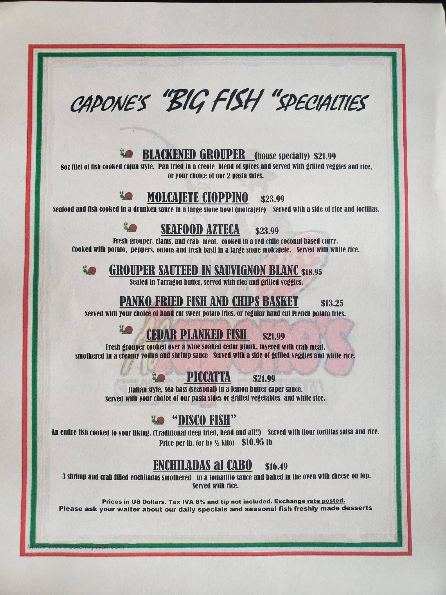 Menu at Al Capone's Seafood and Pizzeria, Puerto Peñasco