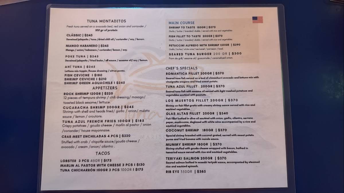 Menu at Tuna Azul Zona Romantica restaurant, Puerto Vallarta