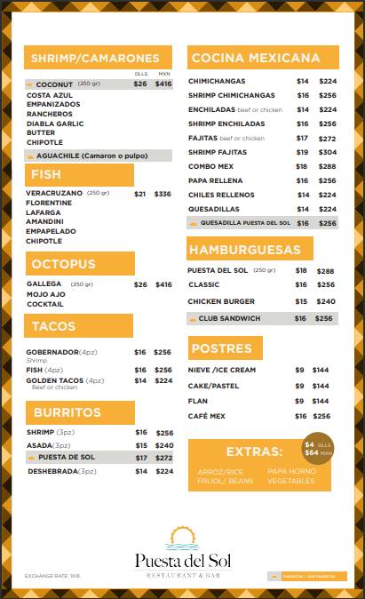 Menu at Puesta Del Sol restaurant, Puerto Peñasco, P.º Balboa 100