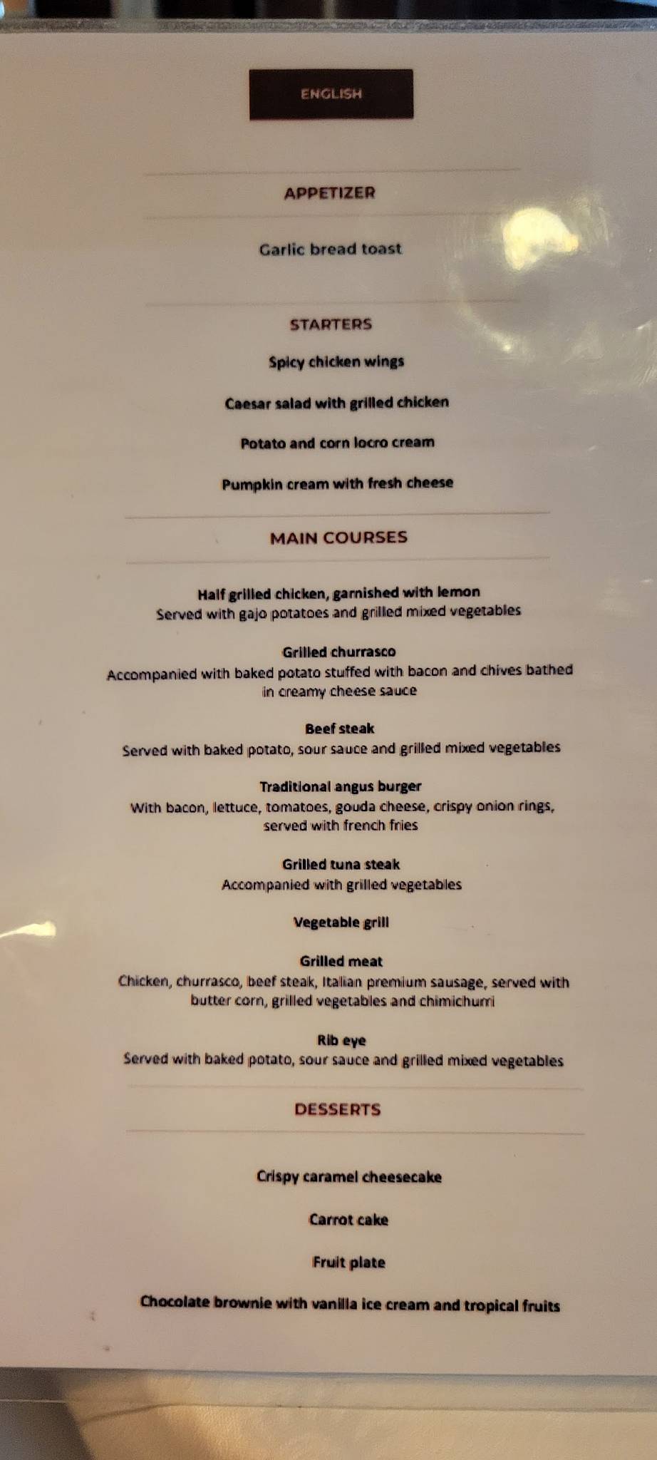 Menu at Garden Grill restaurant, Punta Cana