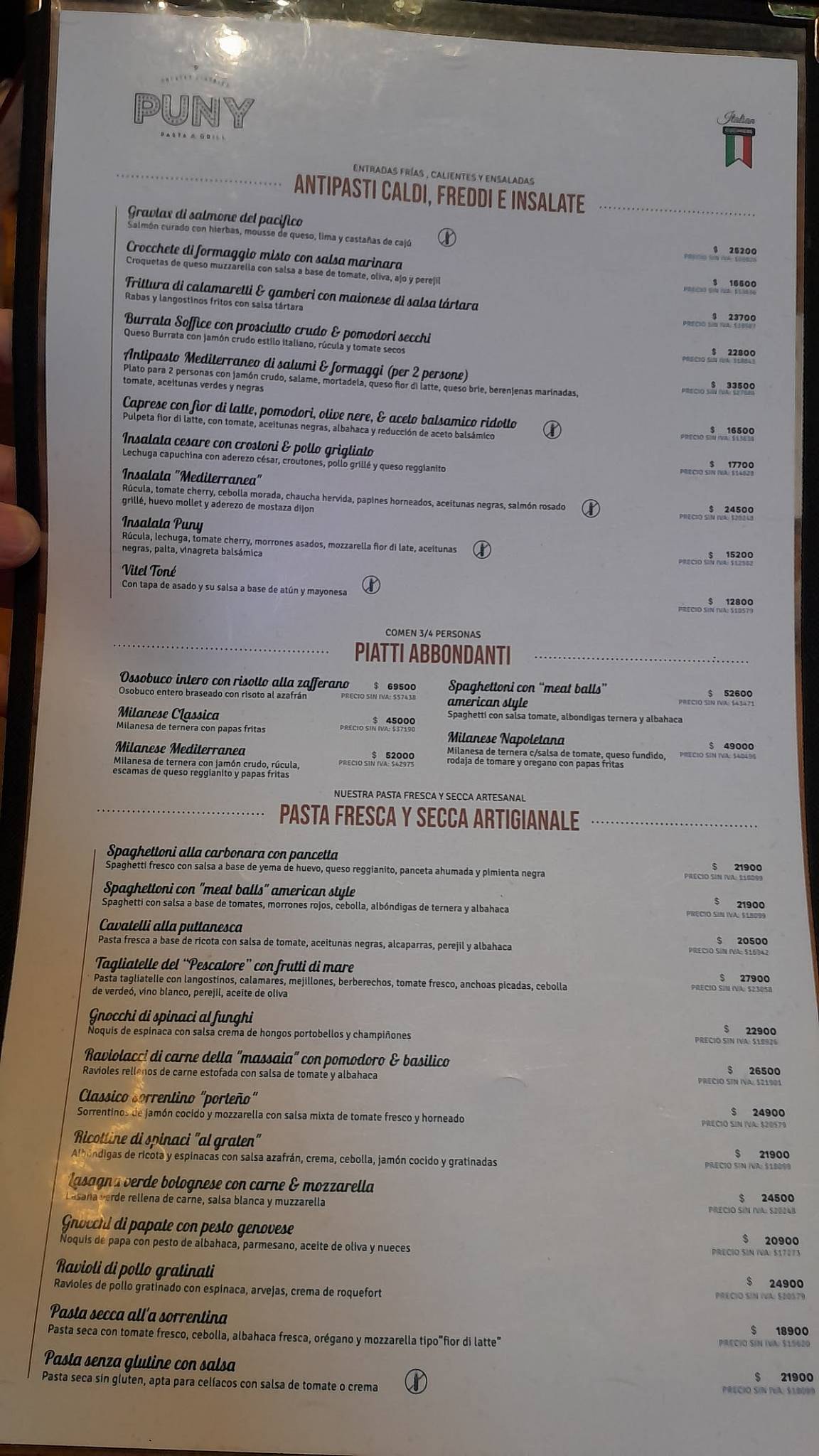 Carta del restaurante Puny - Pasta & Grill, Buenos Aires