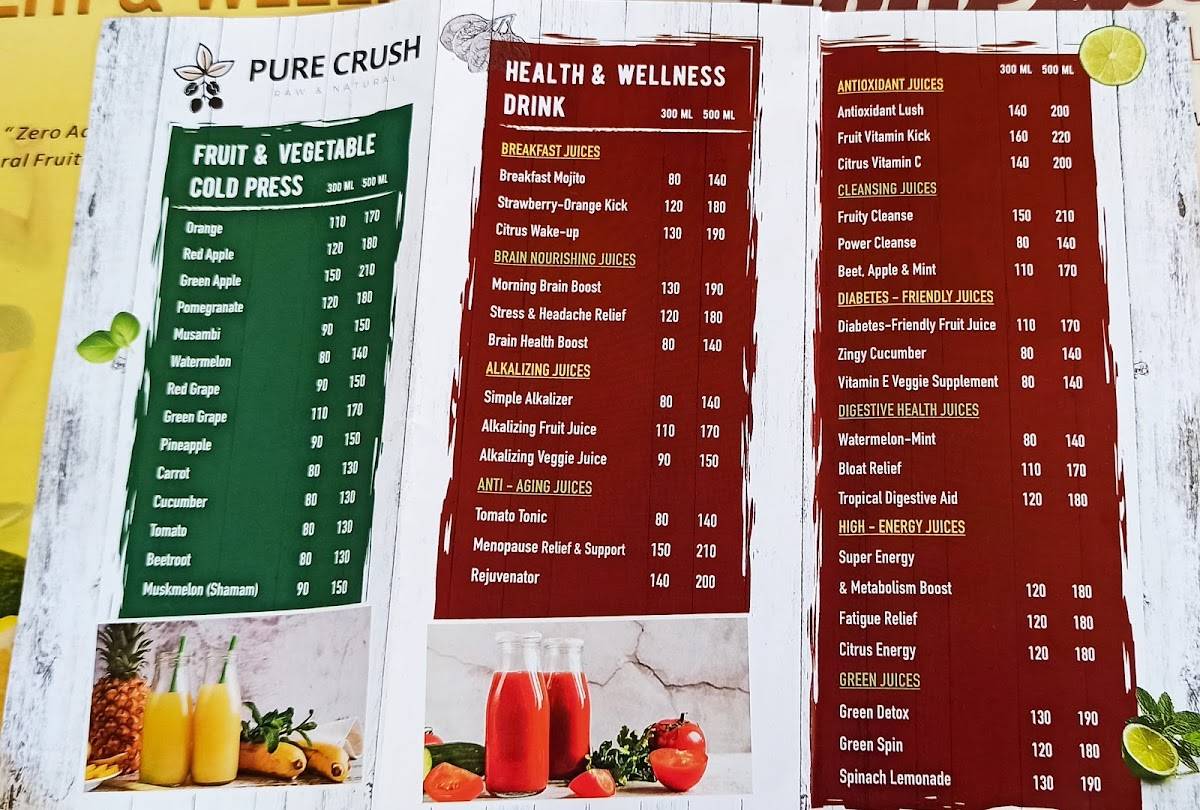 Menu at Pure Crush, Thiruvananthapuram