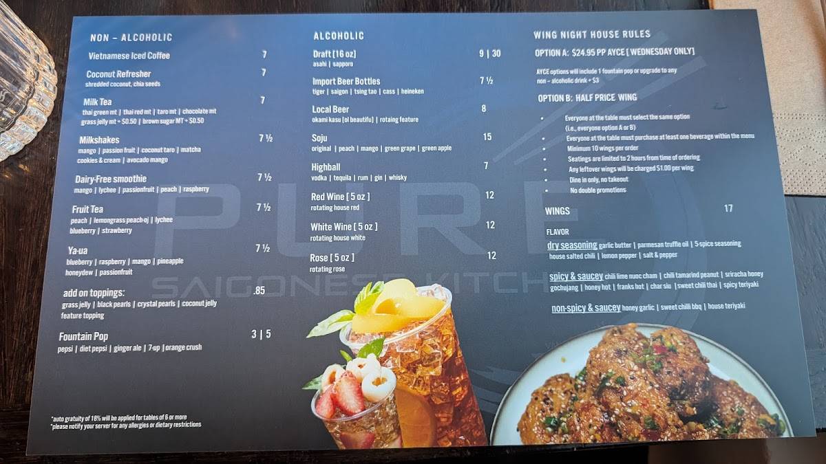 Menu at Pure Saigonese Kitchen restaurant, Calgary