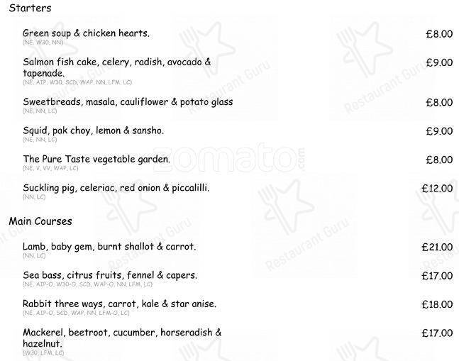 Menu at Pure Taste London restaurant, London